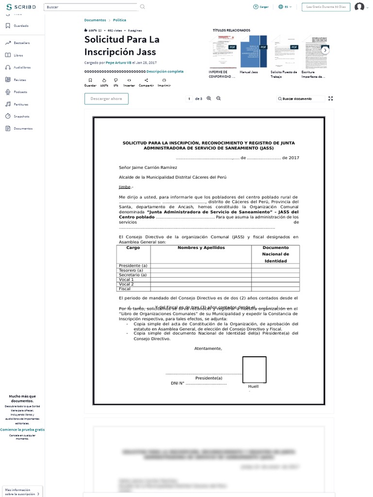 Solicitud para La Inscripción Jass - Perú - Política | PDF