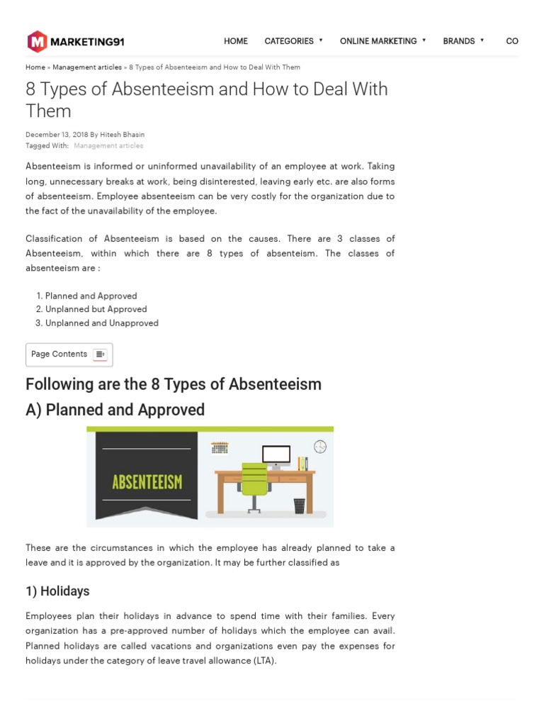 8 Types of Absenteeism - Causes of Absenteeism Explained | PDF ...