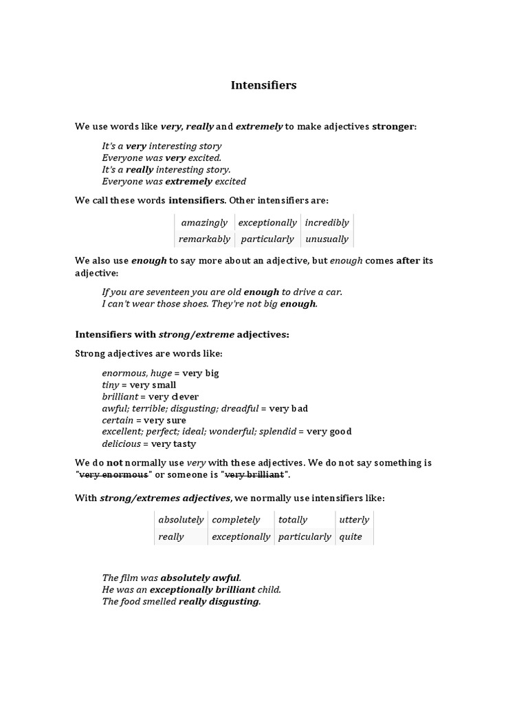Intensifiers: Intensifiers With Strong/extreme Adjectives | PDF