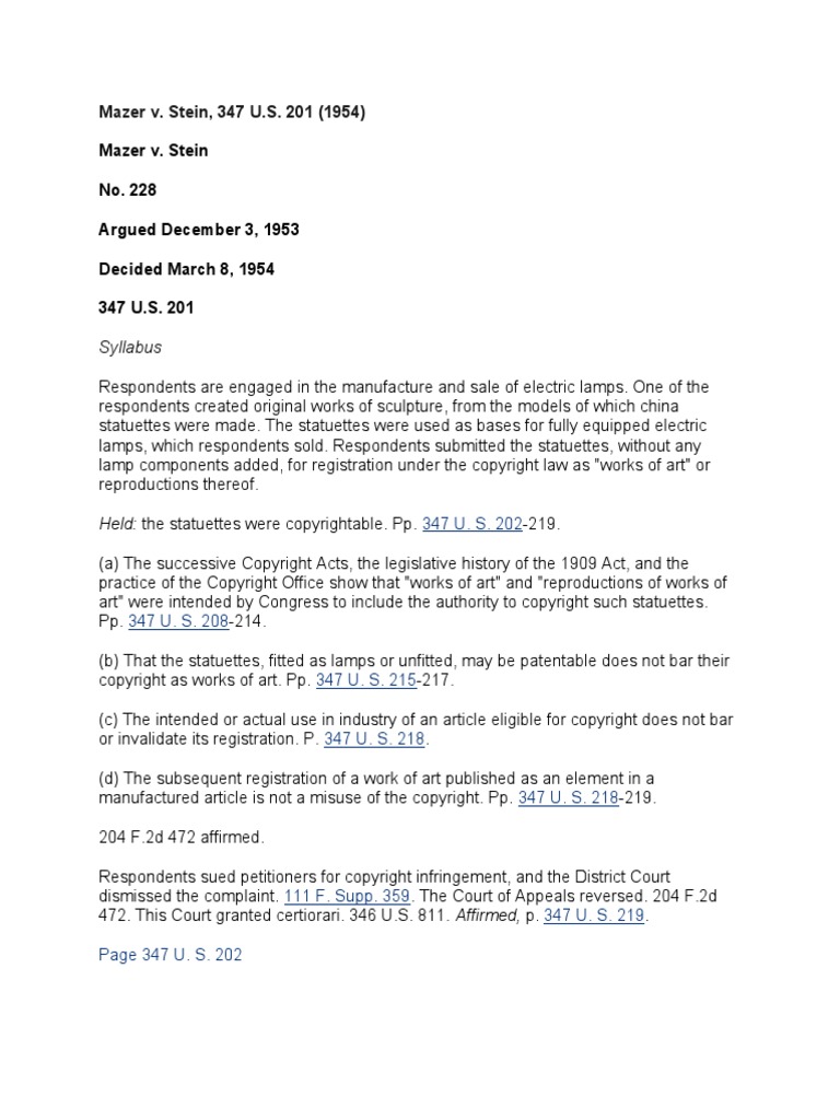 Mazer vs. Stein | PDF | Copyright Law Of The United States | Copyright