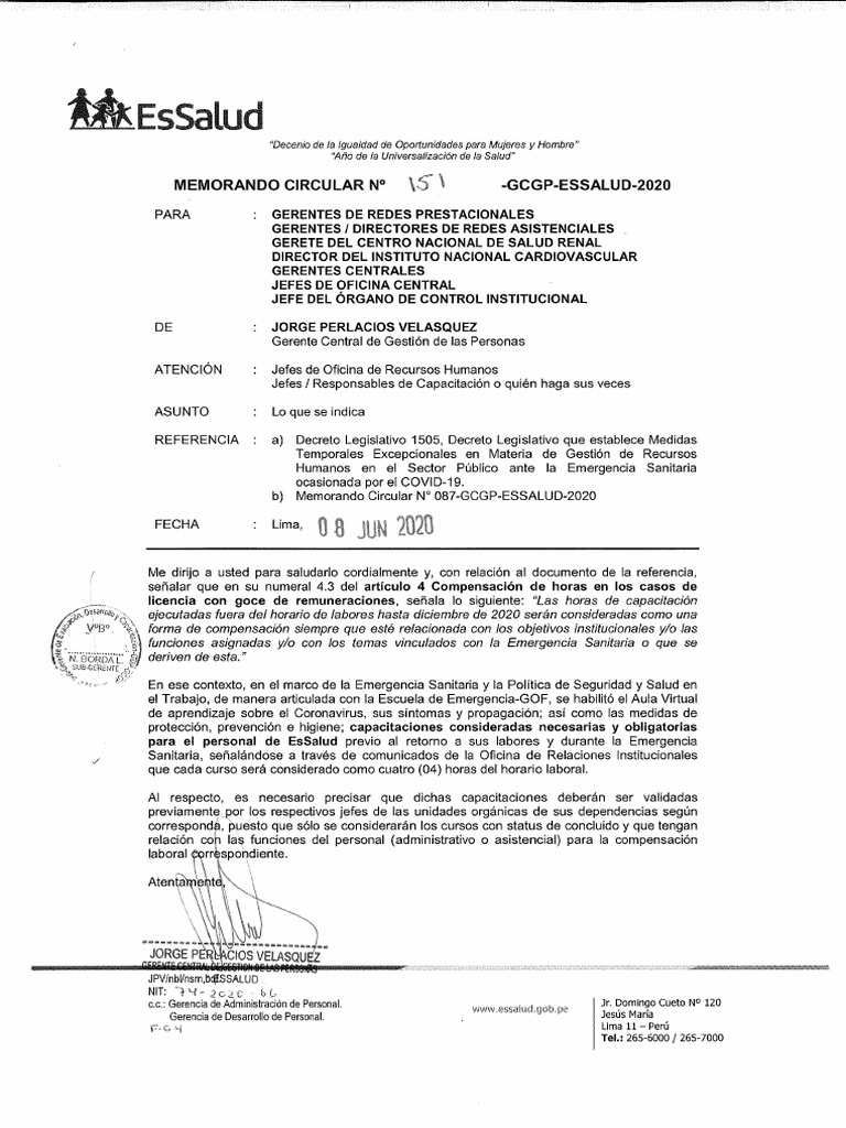 Memorando Circular #151-Gcgp-Essalud-2020 - D.L. 1505 Que Establece Medidas Temporales en ...
