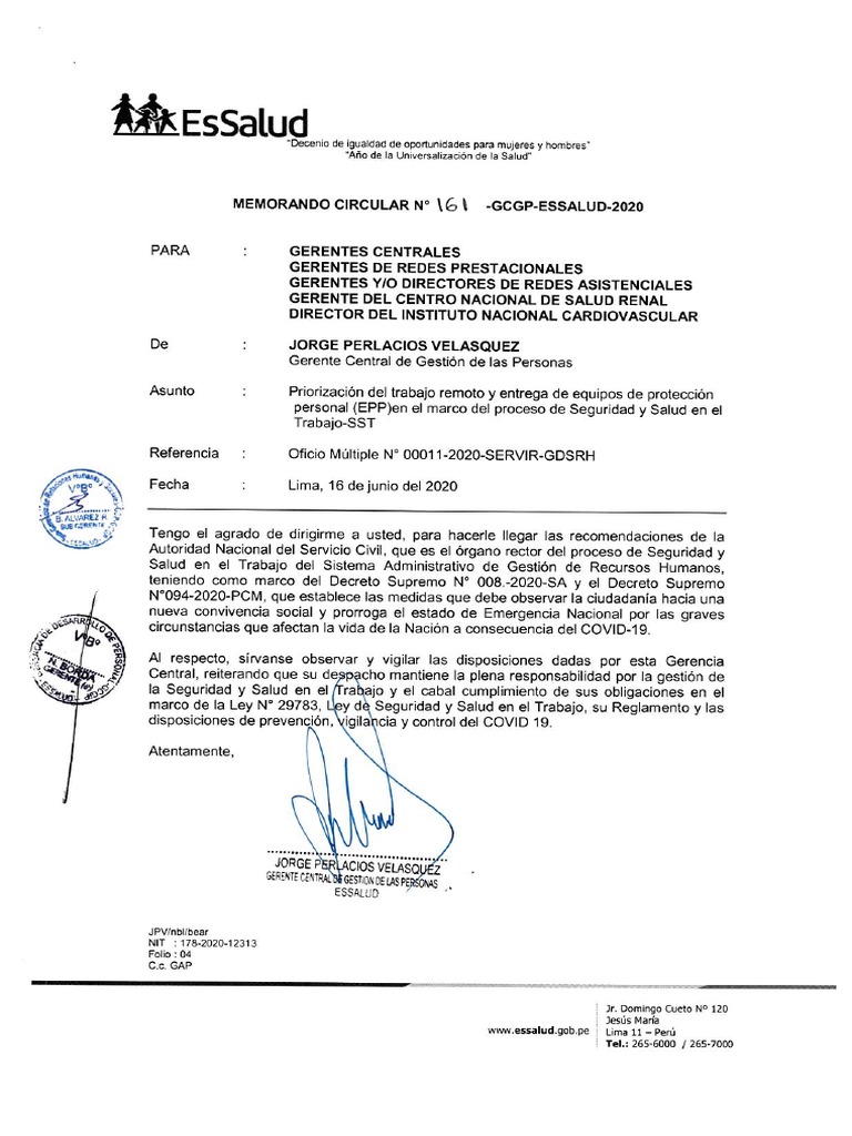 Memorando Circular #161-Gcgp-Essalud-2020 - Priorización Del Trabajo Remoto y Entrega de Equipos ...