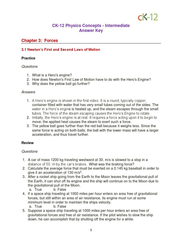 Phys Int CC CH 3 - Newton's First and Second Laws of Motion - Answers ...