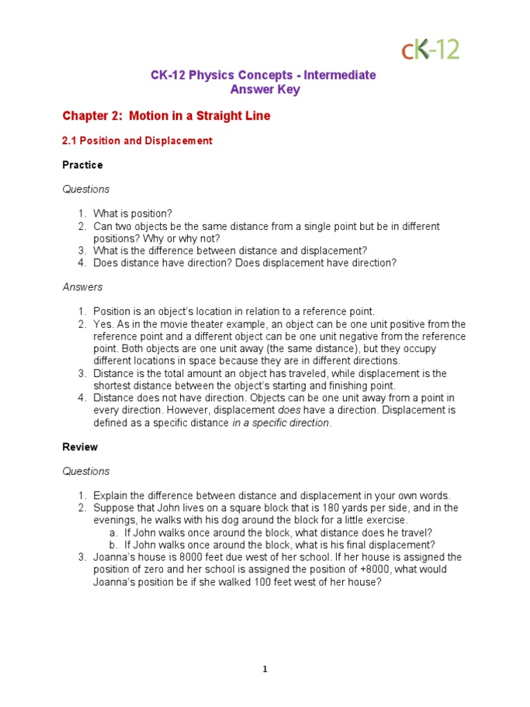 Phys Int CC CH 2 - Motion in A Straight Line - Answers | PDF | Velocity ...