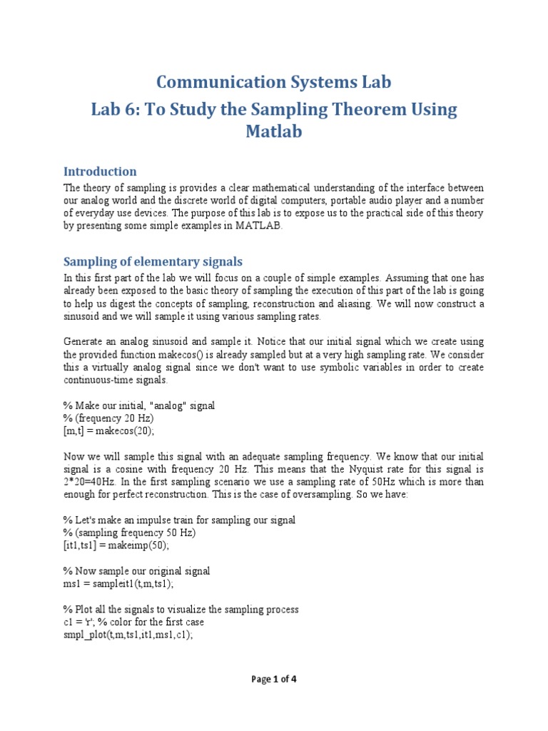 Communication Systems Lab Lab 6: To Study The Sampling Theorem Using Matlab | PDF | Sampling ...