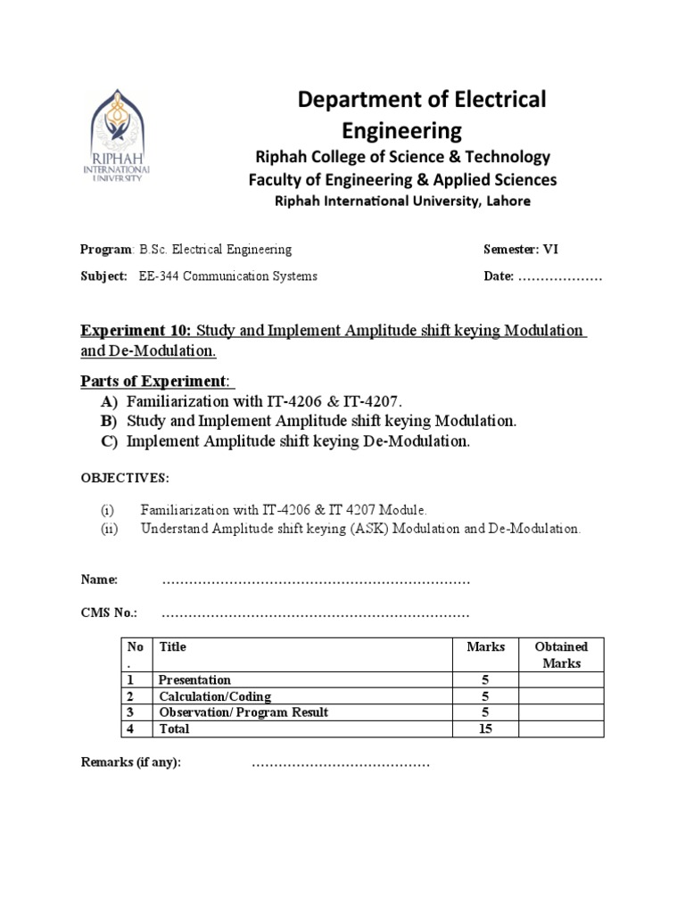 Lab 10 11 12 Front Pages Pdf Modulation Broadcast Engineering