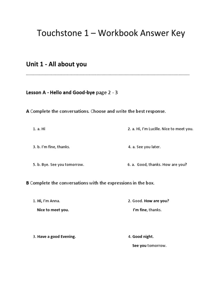 Touchstone 1 - Workbook Answer Key: Unit 1 - All About You | PDF