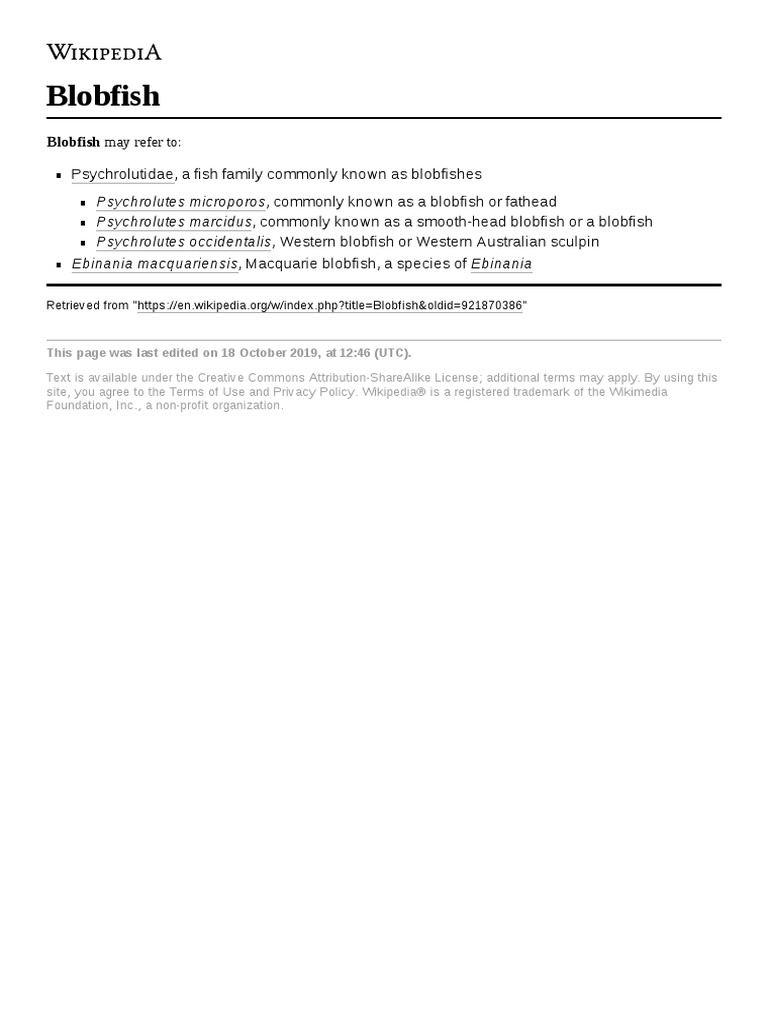 Blobfish: Psychrolutidae, A Fish Family Commonly Known As Blobfishes | PDF