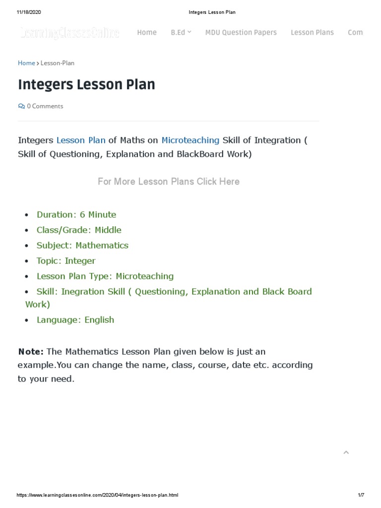 Integers Lesson Plan | PDF