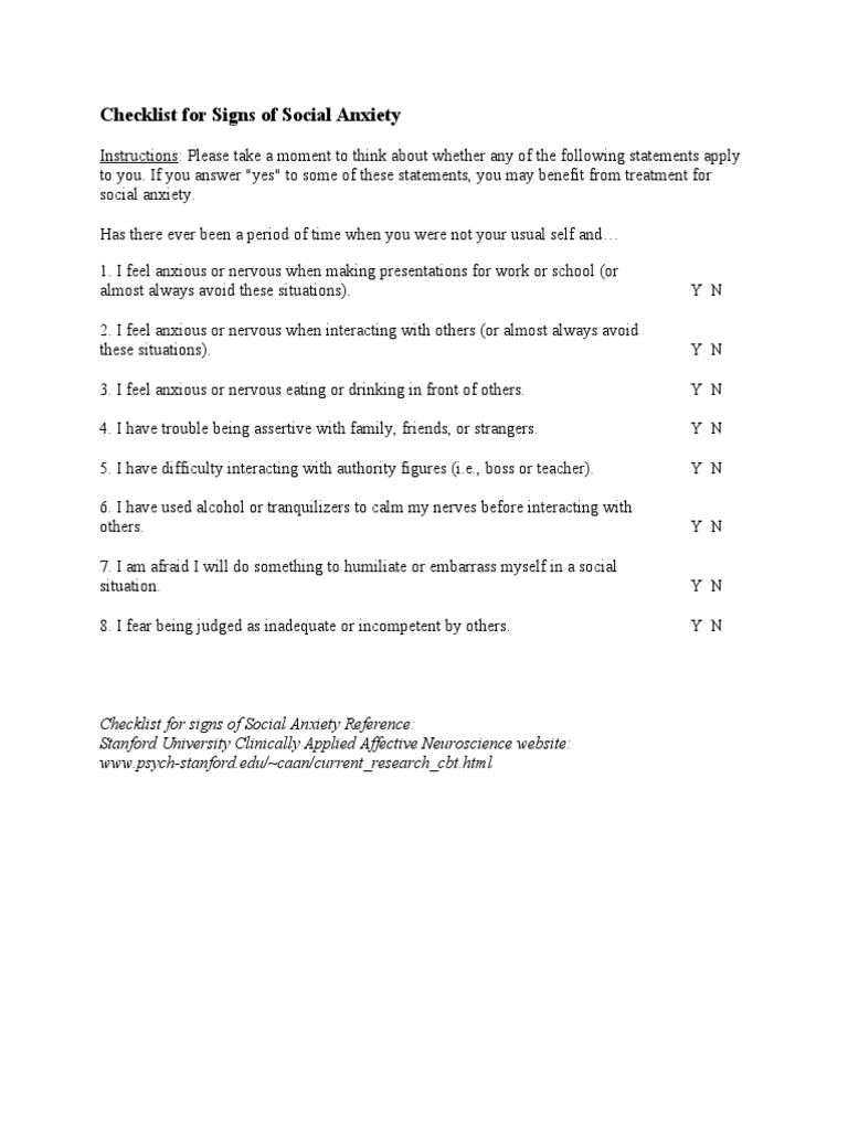 25 Checklist For Signs of Social Anxiety | PDF | Self-Improvement
