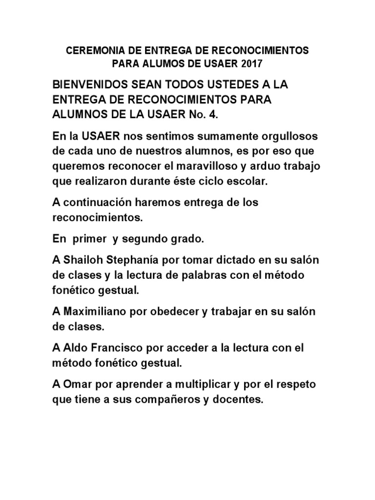 Ceremonia de Entrega de Reconocimientos para Alumos de Usaer 2017 | PDF