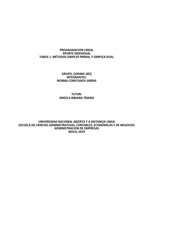 Tarea 1. Métodos Simplex Primal y Simplex Dual Individual | PDF | Programación lineal | Panes