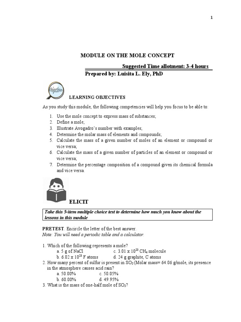 Module On The Mole Concept Suggested Time Allotment: 3-4 Hours Prepared ...