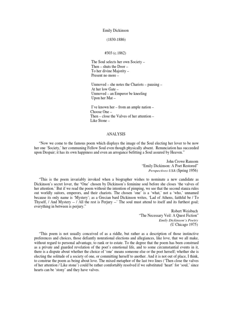 POEMS Dickinson, Emily The Soul Selects No303 (C 1862) Analysis by 4 ...
