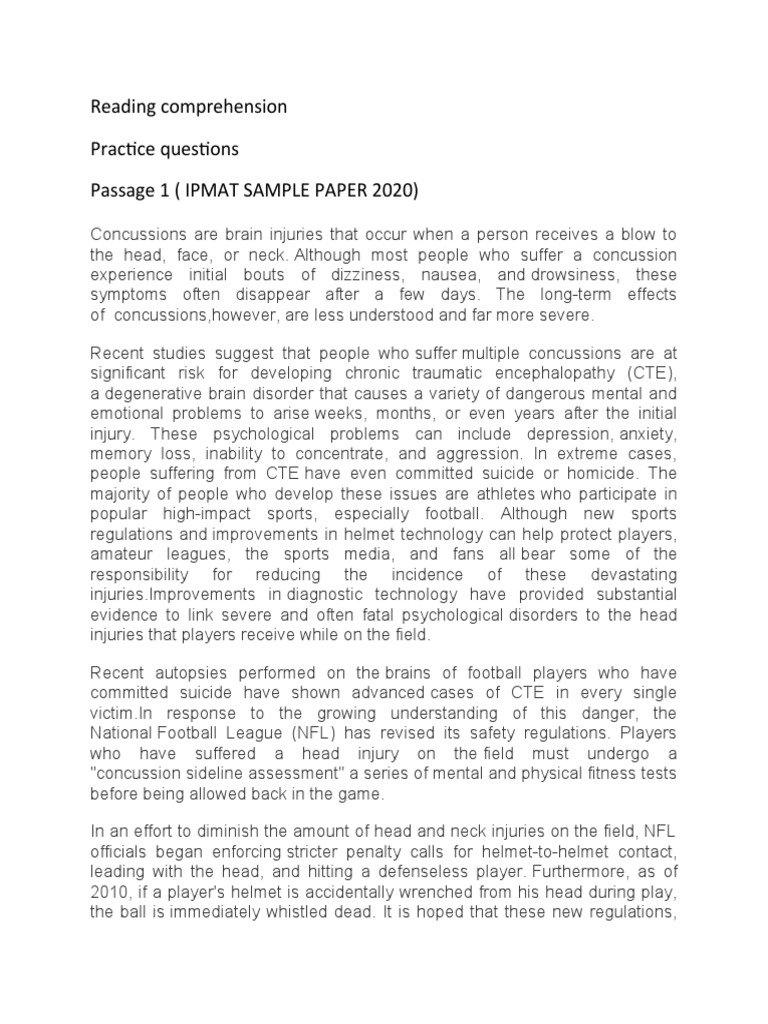 Reading Comprehension Assignment | PDF | Concussion | Chronic Traumatic ...
