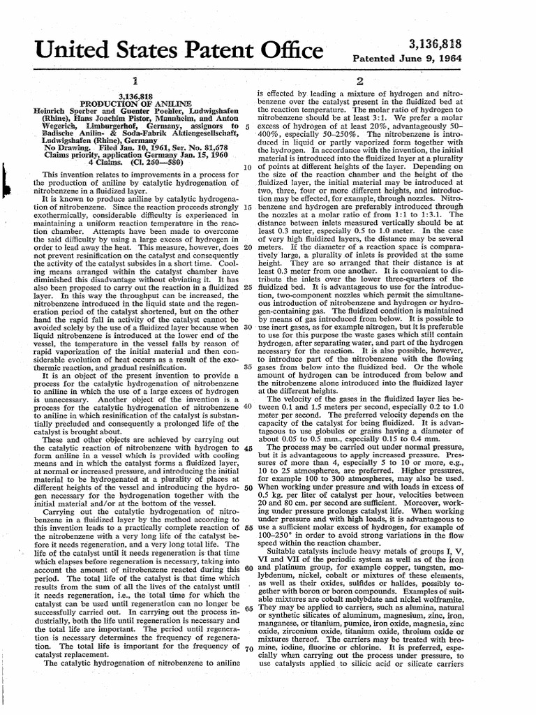 Efficient Aniline Production Process | PDF | Hydrogenation | Catalysis