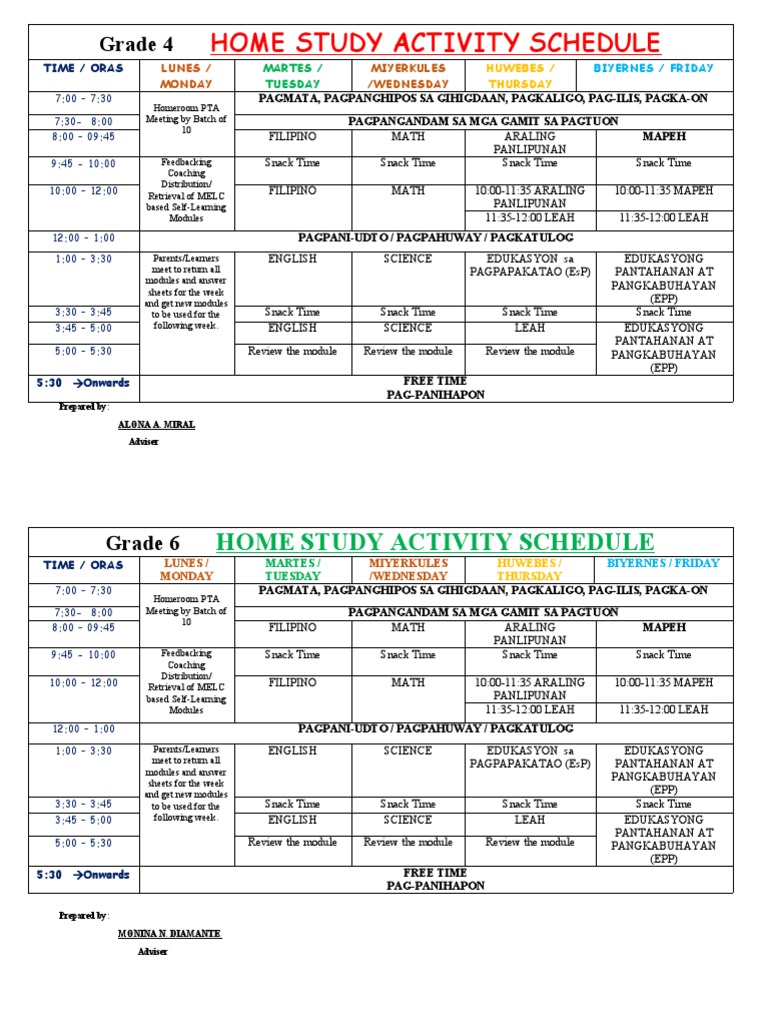 Home Study Activity Schedule: Grade 4 | PDF