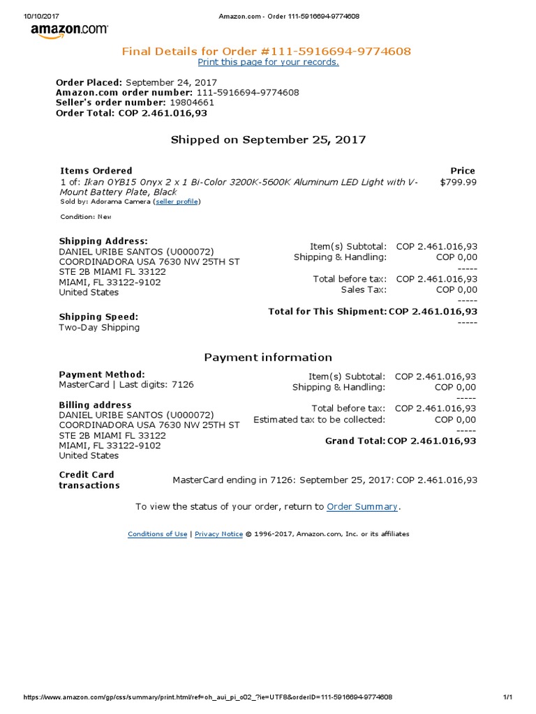 Final Details For Order #111-5916694-9774608: Shipped On September 25 ...