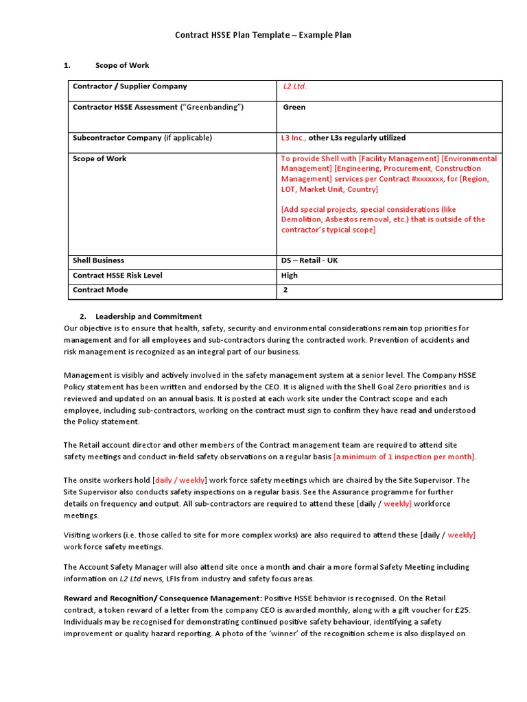 HSSE Plan for Shell Contract Management | PDF | Safety | Risk Assessment