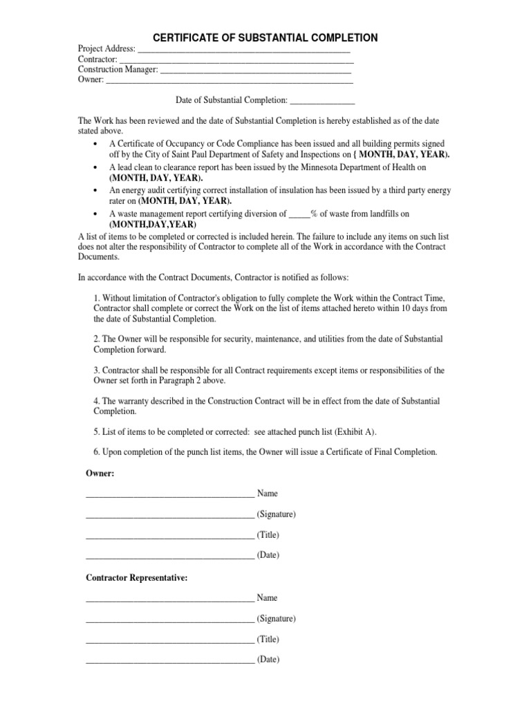 Construction Certificate Of Completion Template