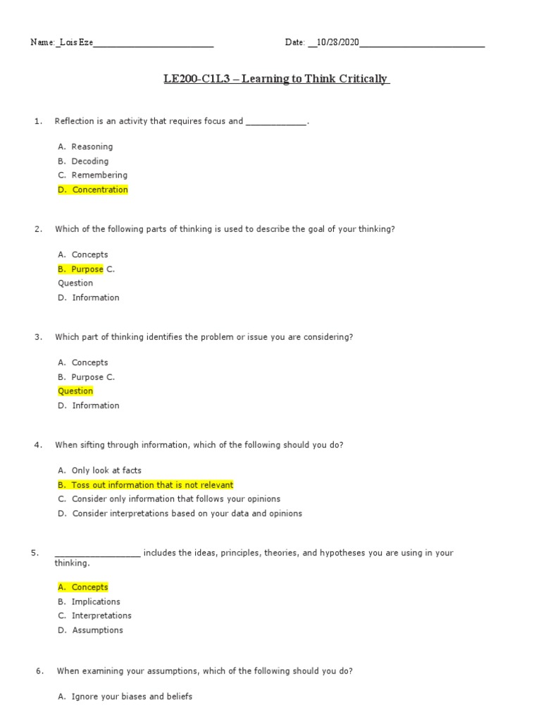 Critical Thinking Skills Assessment | PDF | Critical Thinking | Question