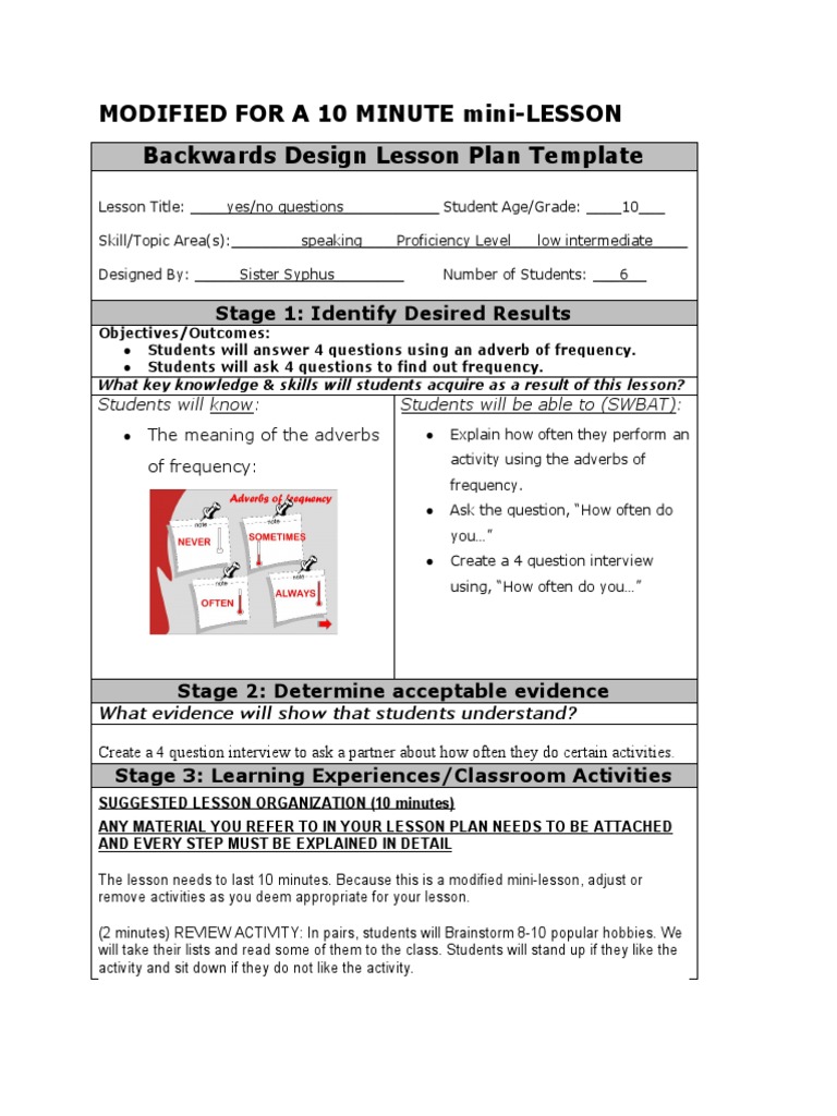 Modified For A 10 Minute Mini-Lesson Backwards Design Lesson Plan ...