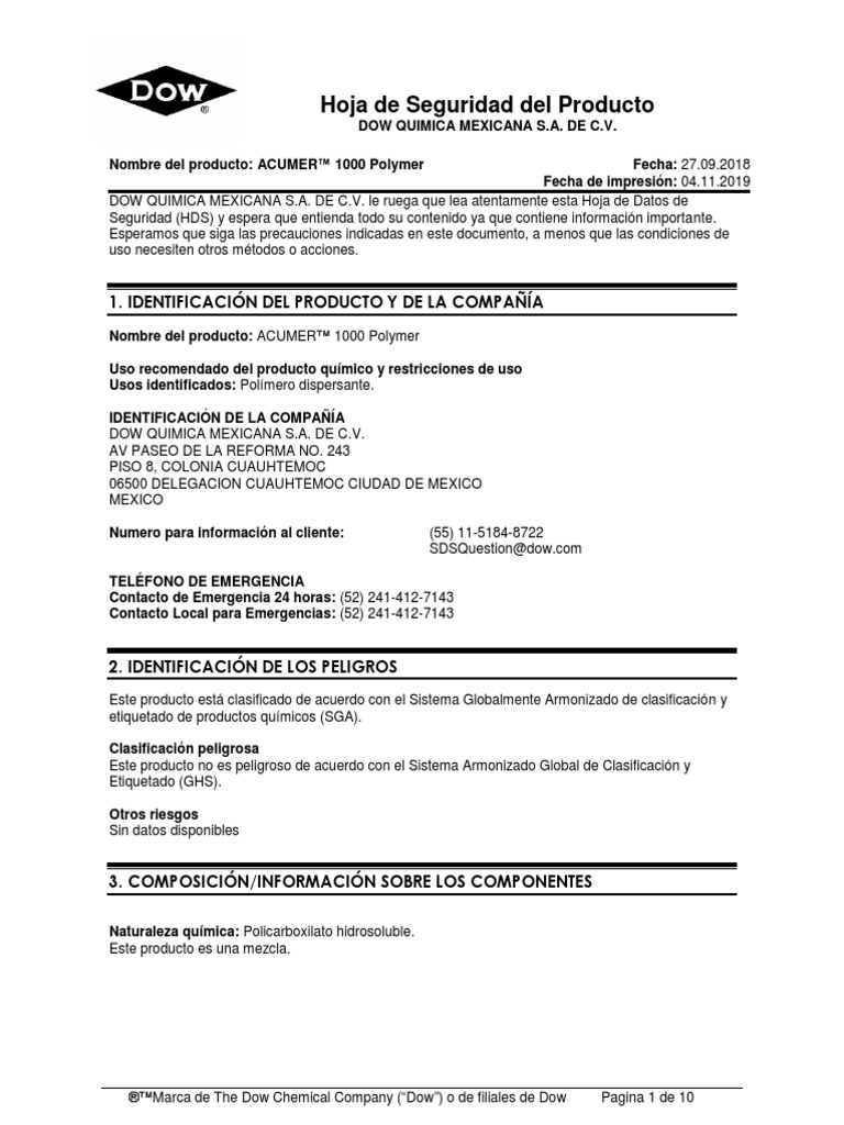 Acumer 1000 SDS | PDF | Toxicidad | Agua