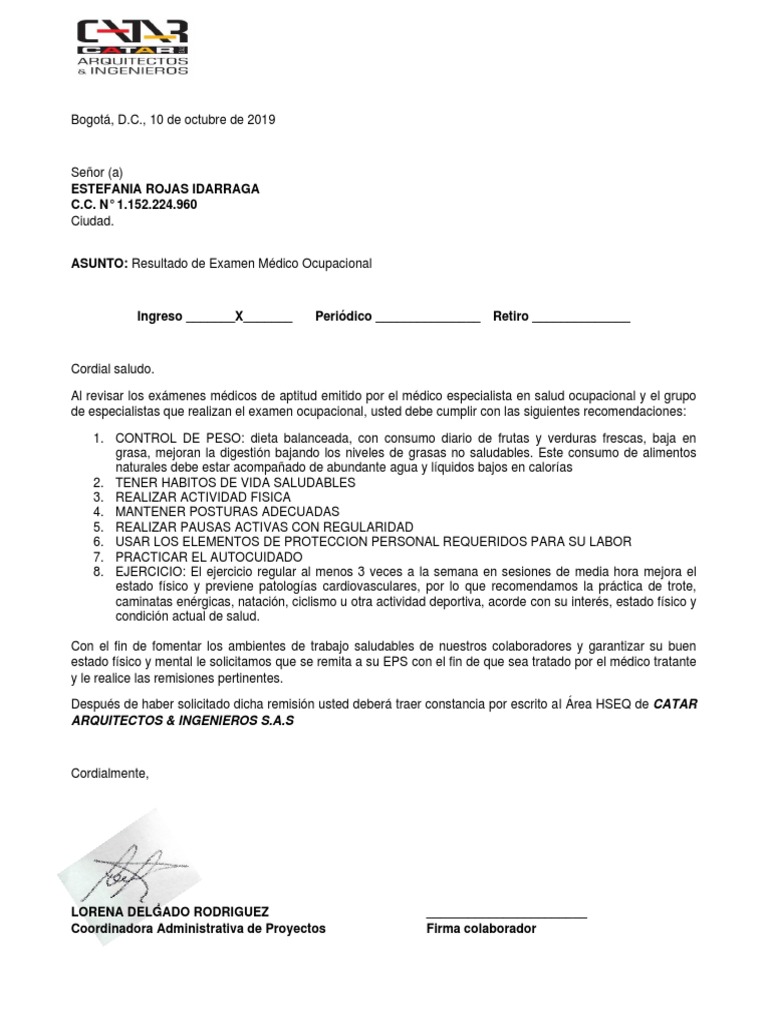 Modelo Carta de Condiciones de Salud | PDF