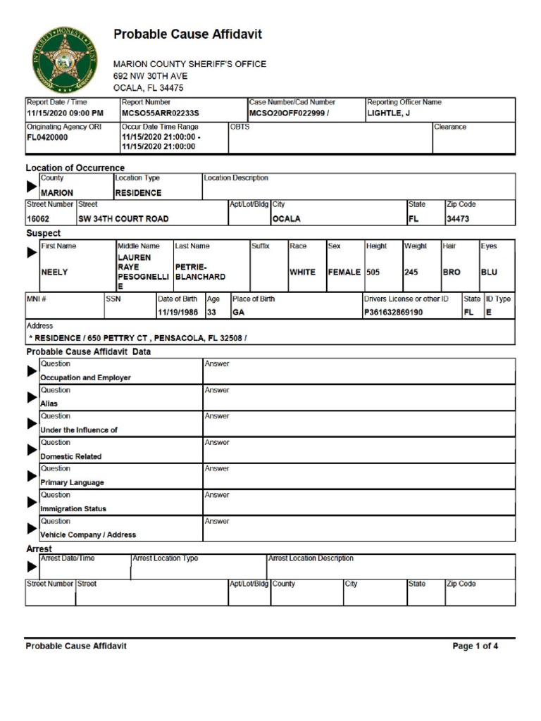 Neely Petrie-Blanchard Probable Cause Affidavit Chris Hallett Murder | PDF