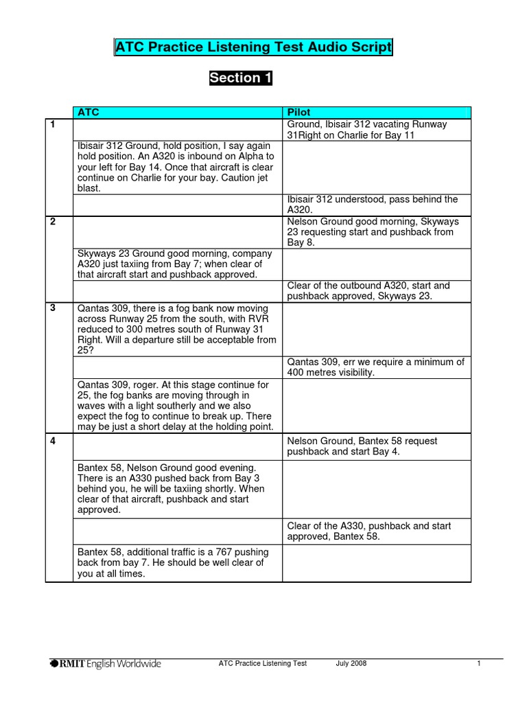 ATC Practice Listening Test Audio Script: Section 1 | PDF | Air Traffic ...