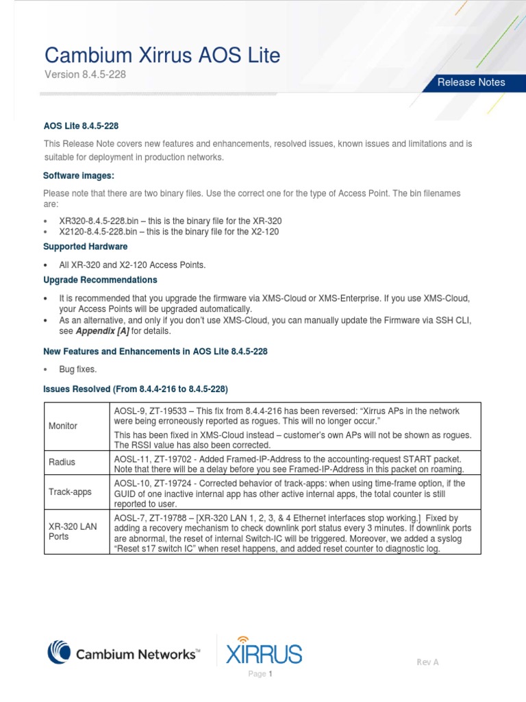 Cambium Xirrus AOS Lite: Version 8.4.5-228 | PDF | Wireless Lan | Superuser