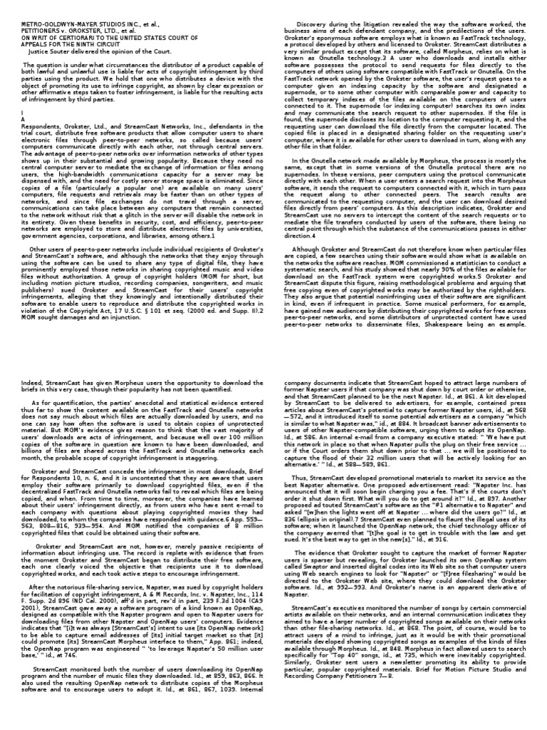 MGM Studios Inc vs. Grokster LTD | PDF | Secondary Liability ...