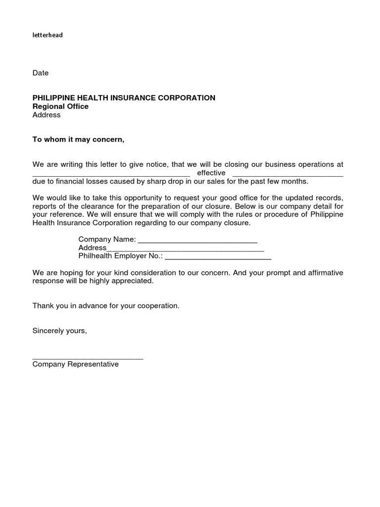 Business Closure Notice to PhilHealth | PDF