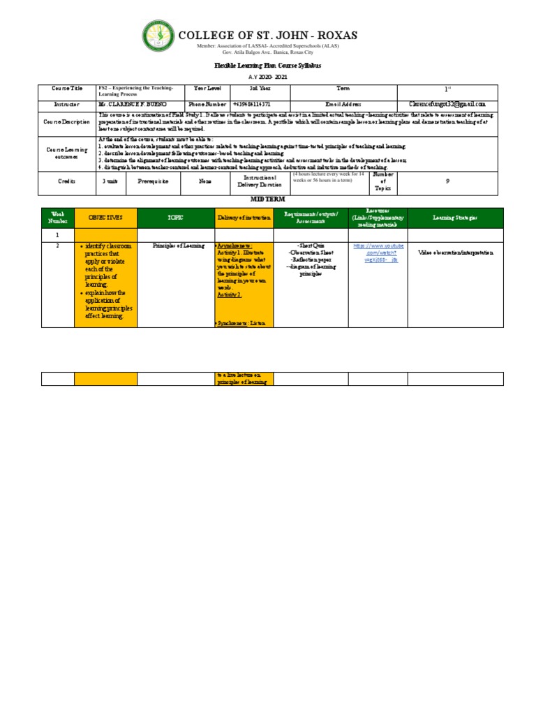 College of St. John - Roxas: Flexible Learning Plan Course Syllabus | PDF