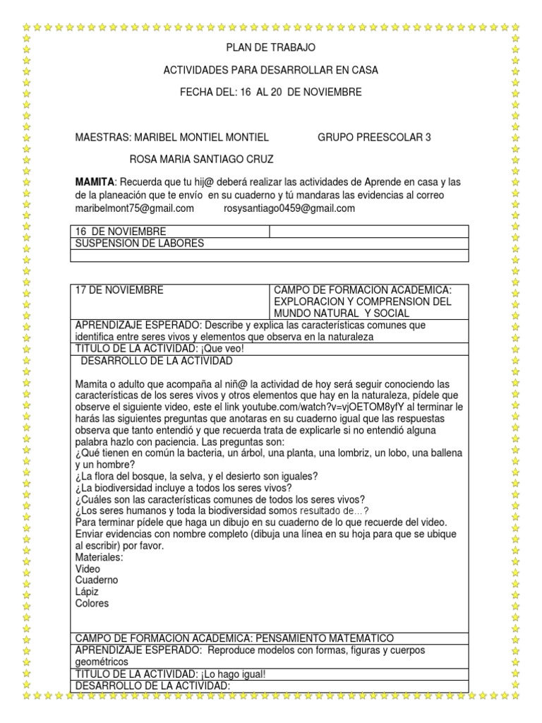 Planeacion Preescolar 3 Semana Del 16 Al 20 de Noviembre PDF | PDF