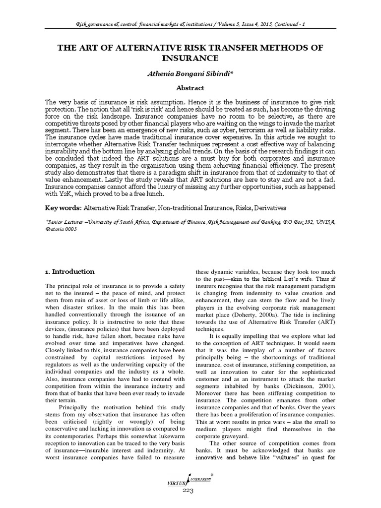 The Art of Alternative Risk Transfer Methods of Insurance | PDF ...