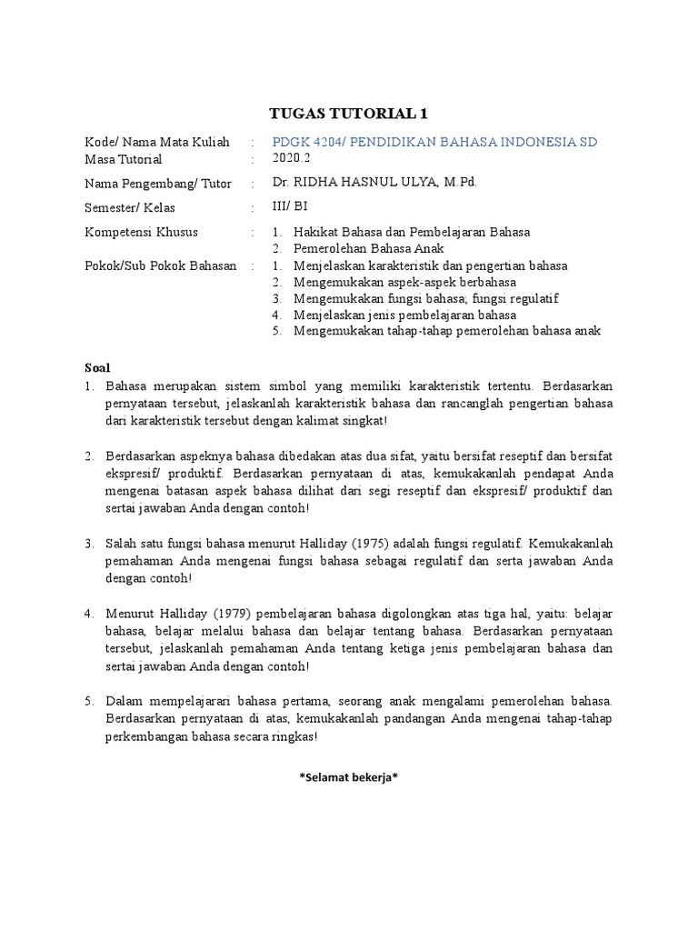 Soal Dan Rubrik Penilaian Tugas Tutorial PDGK 4204 | PDF
