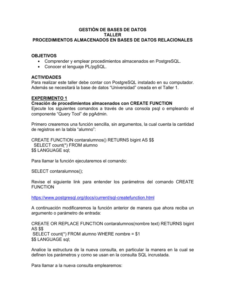 Taller de Procedimientos Almacenados en PostgreSQL | PDF | SQL | Bases de datos