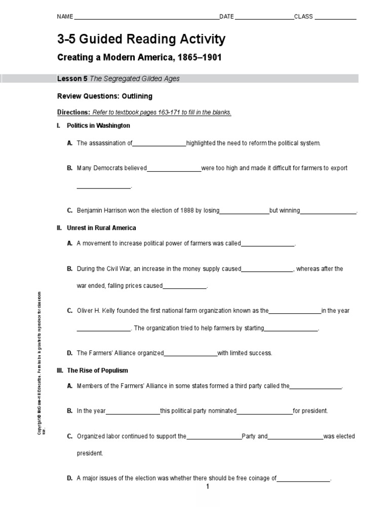 3-5 Guided Reading Activity: Creating A Modern America, 1865-1901 ...