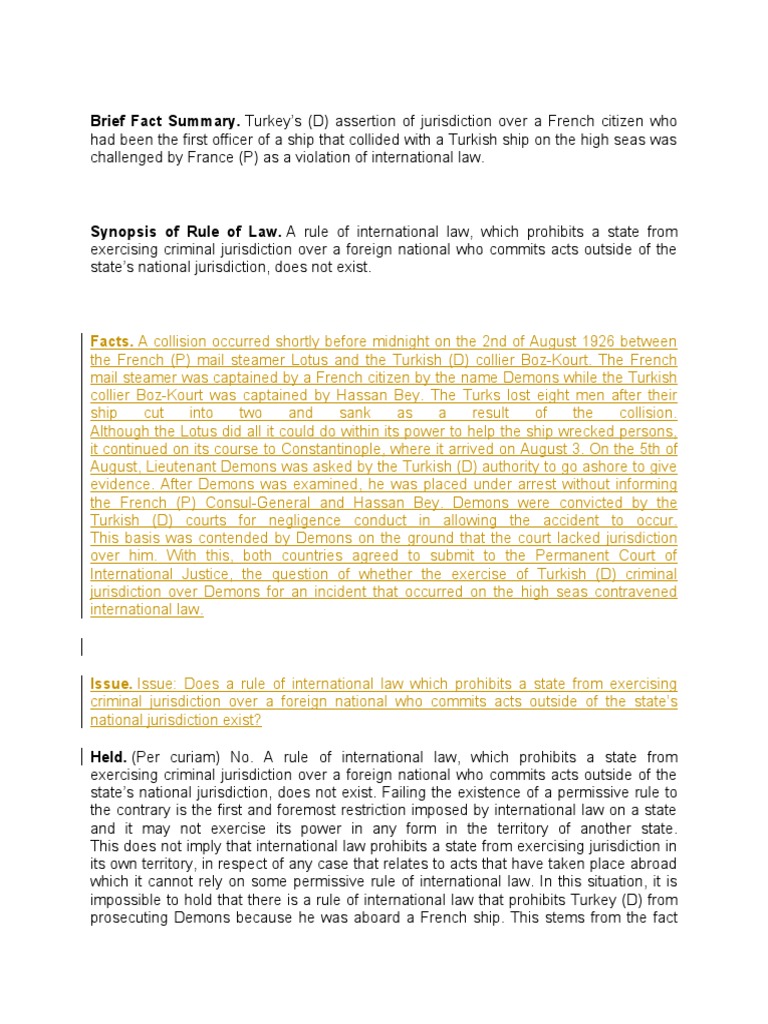 The Lotus Case Brief | PDF | Jurisdiction | International Law