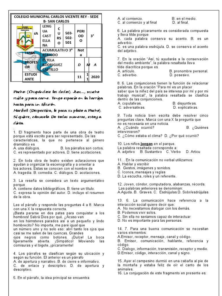 Acumulativo 3° Periodo Español 5° | PDF | Coma | Puntuación