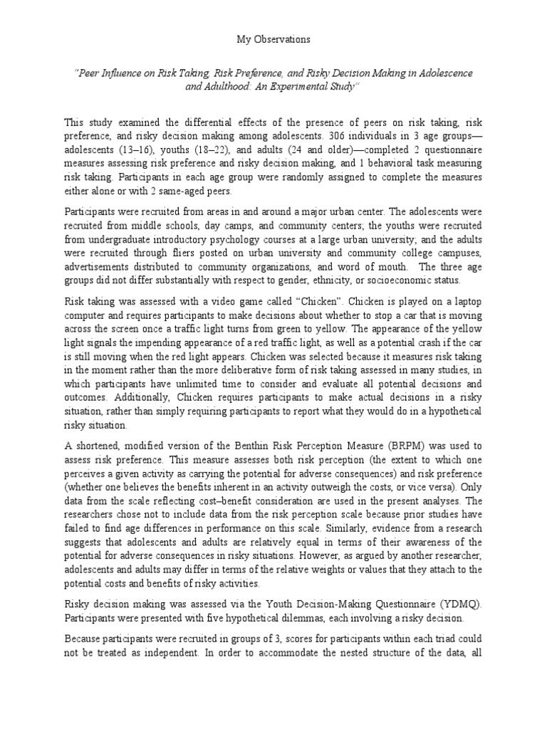 Peer Influence On Risk Taking, Risk Preference, and Risky Decision ...
