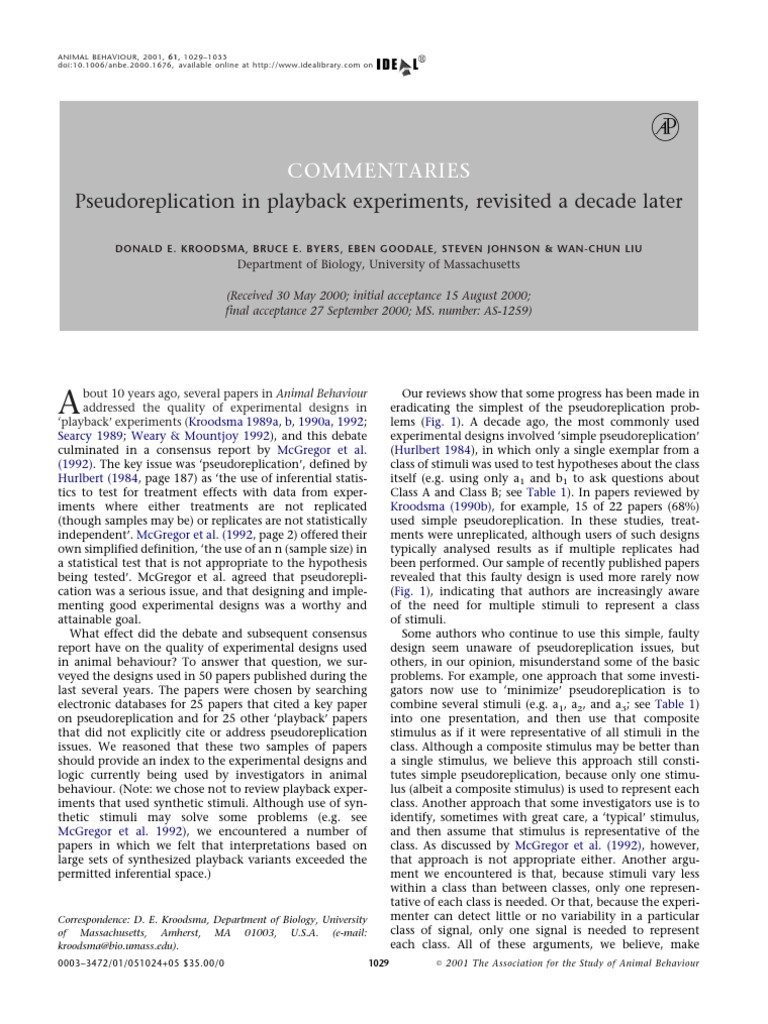 Pseudoreplication in Playback Experiments, Revisited A Decade Later ...