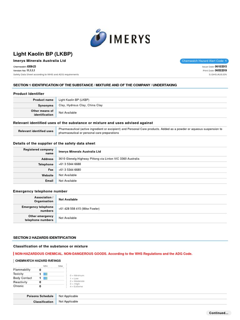 SDS - Light Kaolin BP PDF | PDF | Dangerous Goods | Silicon Dioxide