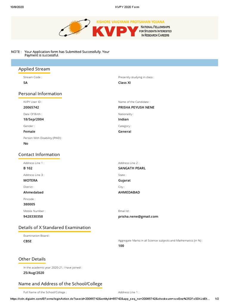 KVPY 2020 Form PDF | PDF | Gujarat | Computing