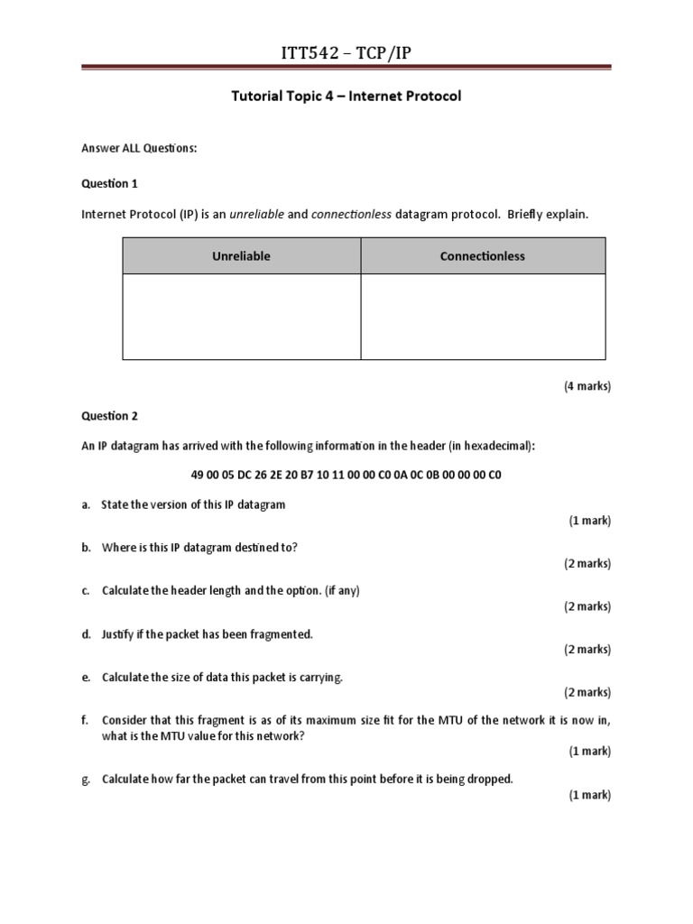 ITT542 - TCP/IP: Tutorial Topic 4 - Internet Protocol | PDF