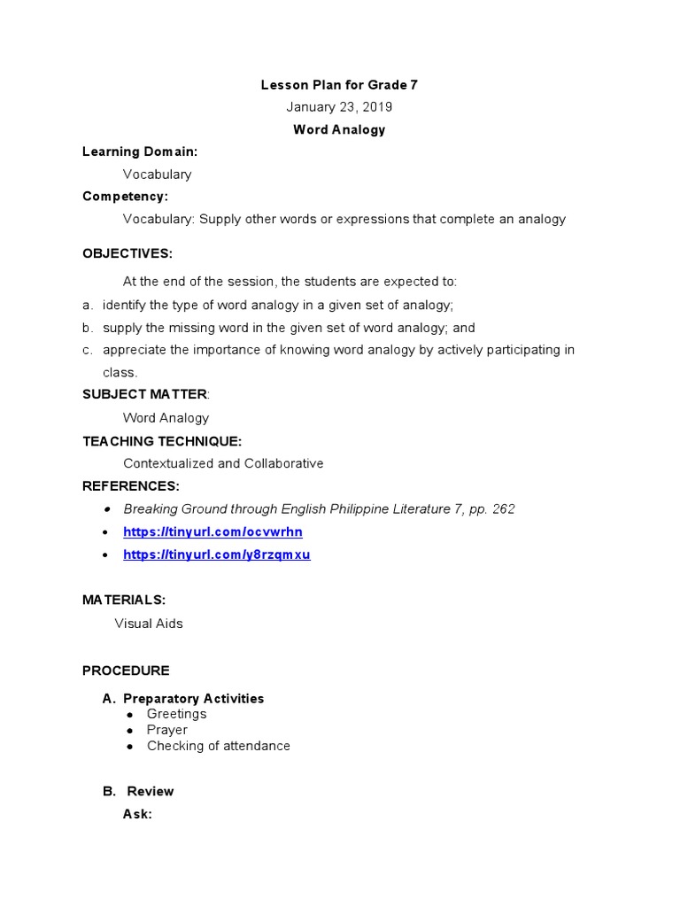 Lesson Plan For Grade 7 | Download Free PDF | Analogy | Teachers