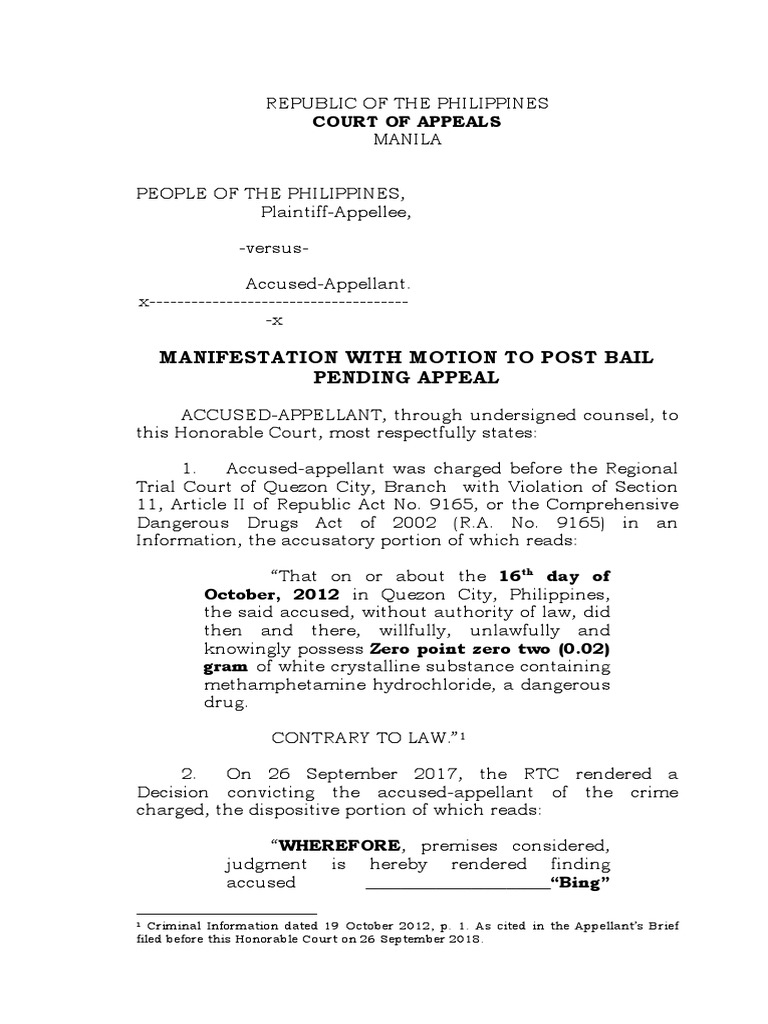 Motion to Post Bail Pending Appeal | PDF | Bail | Life Imprisonment