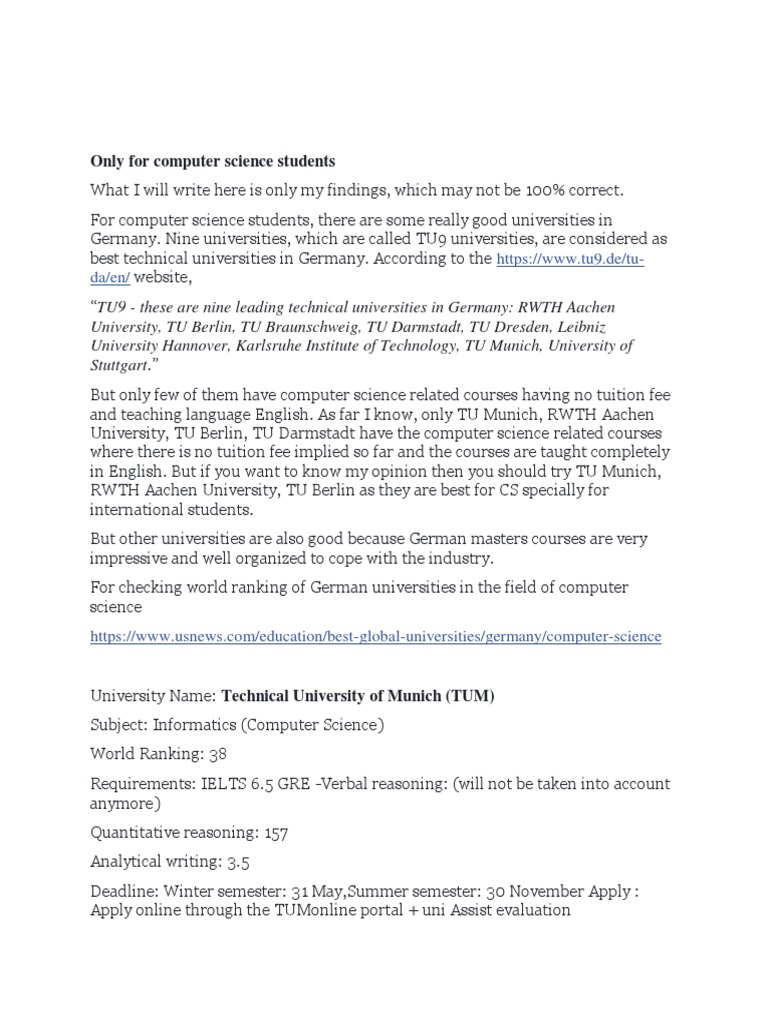 Top German Universities for CS Students | PDF | Graduate Record ...