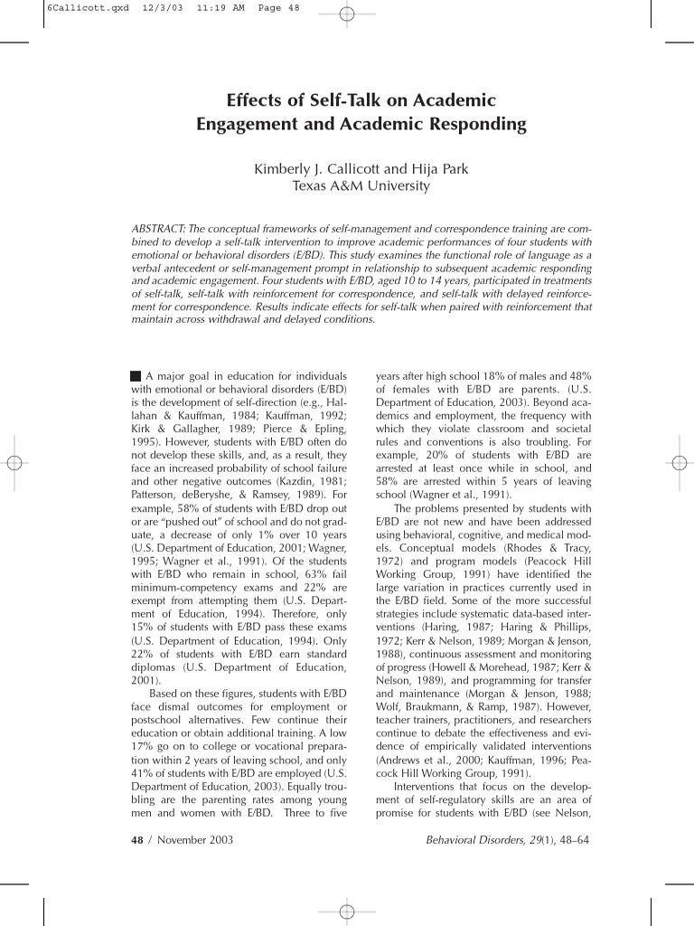 Effects of Self-Talk On Academic Engagement and Academic Responding ...